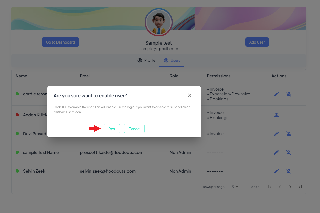 Enable/Disable the users